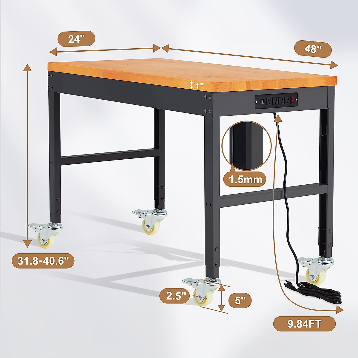HABUTWAY Height Adjustable Workbench with Wheels 48" x 24" 2000 Lbs Capacity Oak Wood Work Station Heavy-Duty Rolling Work Tables for Garage Party Shop Office