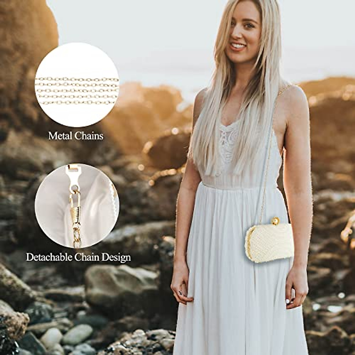 UBORSE Women Pearl Clutch Bag Wedding Bridal Evening Clutch Handbag Elegant Small Bridal Purse for Cocktail Party Prom,Beige