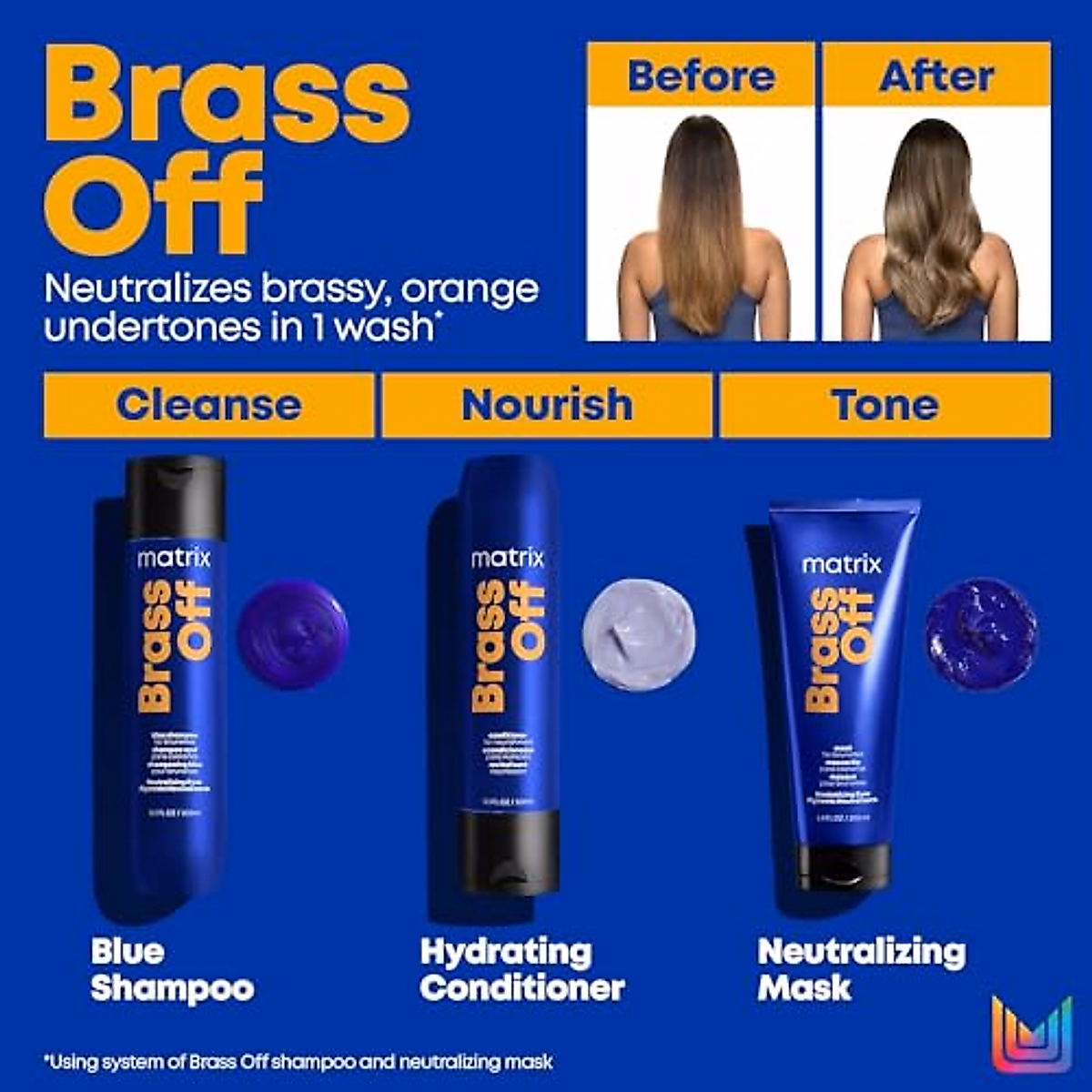 Matrix Brass Off Blue Shampoo and Nourishing Conditioner Set | Moisturize, Tone & Neutralize Brassy Hair | For Color Treated | For Bleached Hair | For Brunettes & Dark Blondes