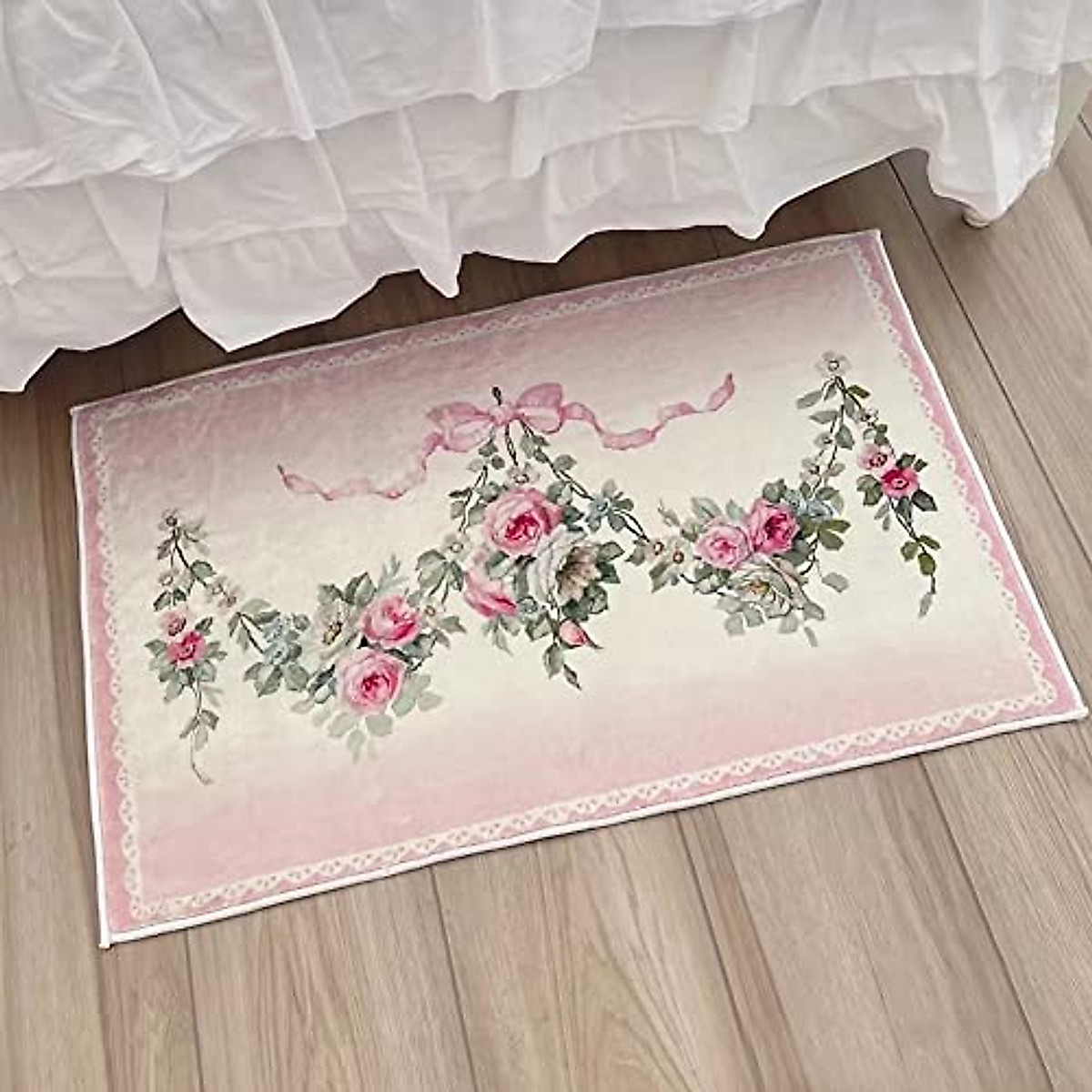 BOOMLATU Roses Flowers and Bow-Knot Indoor Front Door Mats for Entrance Door Rug,Machine Washable Non Slip Romantic Powder Fluffy Fuzzy Soft Area Rug Kitchen Rug 19.6x31.4in