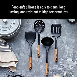 STAUB Silicone Spatula Turner, Perfectly Angled for Lifting Pancakes, Sandwiches and Picking up Veggies Durable BPA-Free Matte Black Silicone, Acacia Wood Handles, Safe for Nonstick Cooking Surfaces