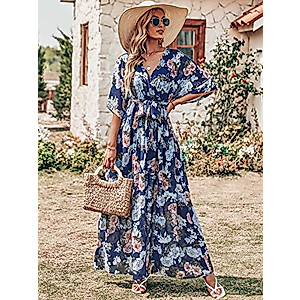 ANRABESS Women’s Summer Loose Boho Flowy Wrap V Neck 3/4 Sleeve Floral Print Slit Beach Wedding Guest Long Maxi Dresses Navy Flor Large