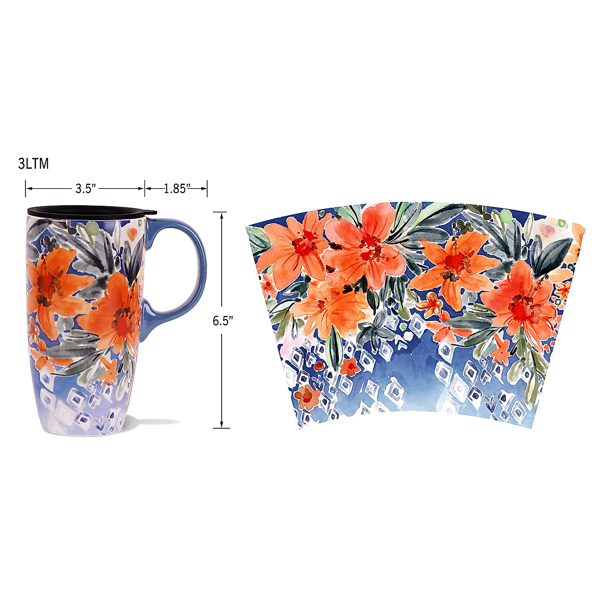Topadorn Ceramic Coffee Mug Travel Cup Gift with Lid 17oz., Porcelain Tall Tea Cup with Handle for Home & Office, Orange Flower Art Pattern Mug in Gift Box, 6.5" H