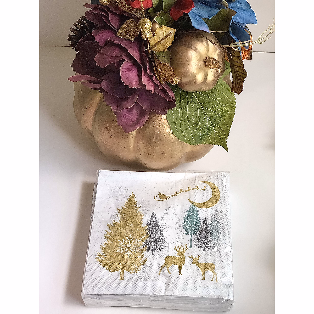 Nantucket 40-ct 13x13 Golden Deer Magic Christmas Napkins | Golden Winter Napkins for brunch party each 6.5''x6.5'' folded, 13''x13'' unfolded 4013315335
