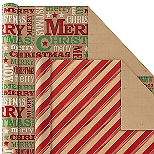 Hallmark Kraft Christmas Wrapping Paper with Cutlines on Reverse (4 Rolls: 88 sq. ft. ttl) Red Trucks, Snowflakes, Red Stripes, Merry Christmas