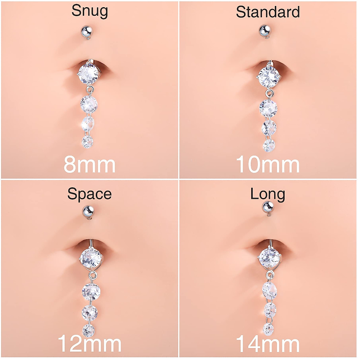 OUFER 14mm Belly Button Ring, 316L Surgical Steel Navel Rings, Charming CZ Navel Piercing Dangle, Curved Barbell