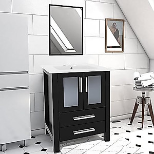 LUCKWIND 24" Modern Bathroom Vanity with Sink Combo, Black MDF Bathroom Storage Cabinet with Overflow 3-Hole Drop in Ceramic Vessel Sink Top & Mirror, Excluding Faucet