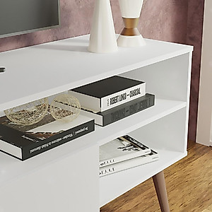 Madesa Modern TV Stand with 1 Door and 4 Shelves with Cable Management for 55, 65 Inch Media Storage Media Console Living Room and Bedroom Entertainment Center Wooden Television Cabinet - White