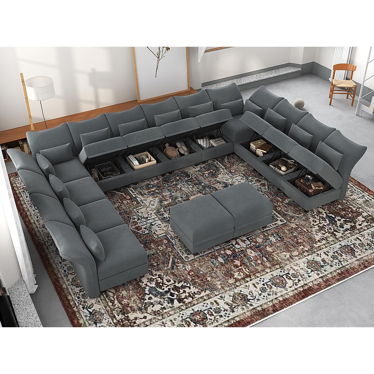 LLappuil Sectional Couch Convertible Oversize U Shaped Modular Sectional Sofa with Storage Easy Clean Anti-Scratch 14 Seat Velvet Sectional for Living Room, Grey