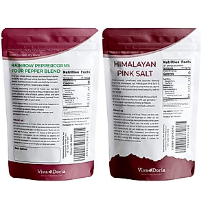 Viva Doria Rainbow Peppercorn Blend (Steam Sterilized Whole Black, White, Green and Pink Peppercorn) 12 oz and Himalayan Pink Salt (Coarse Grain) 2 lbs for Grinder Refills (Pepper+Salt)