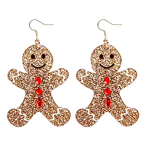 Christmas Gingerbread Man Charm Dangle Drop Earrings Glitter Gold Acrylic Resin Fashion Statement Jewelry Holiday Gift Set Women Xmas Party Favors Decor Accessories