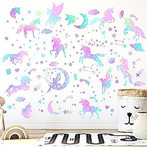 4 Sheets of Unicorn Peel and Stick Wall Decal Glitter Unicorn and Fairy Wall Stickers Cartoon Wall Decals Removable DIY for Bedroom Playroom Living Room Decor, Unicorn and Fairy