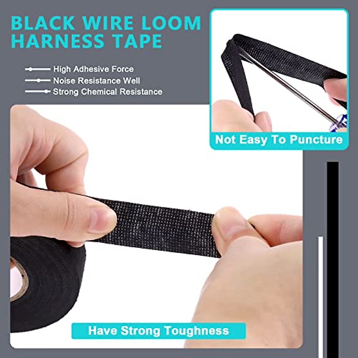 Cimeton 5 Rolls Wire Loom Harness Tape, 9/19/25/32/50mm x 15m Wiring Harness Cloth Tape Black Adhesive Fabric Tape for Automobile Electrical Wire Harnessing Noise Damping Heat Proof