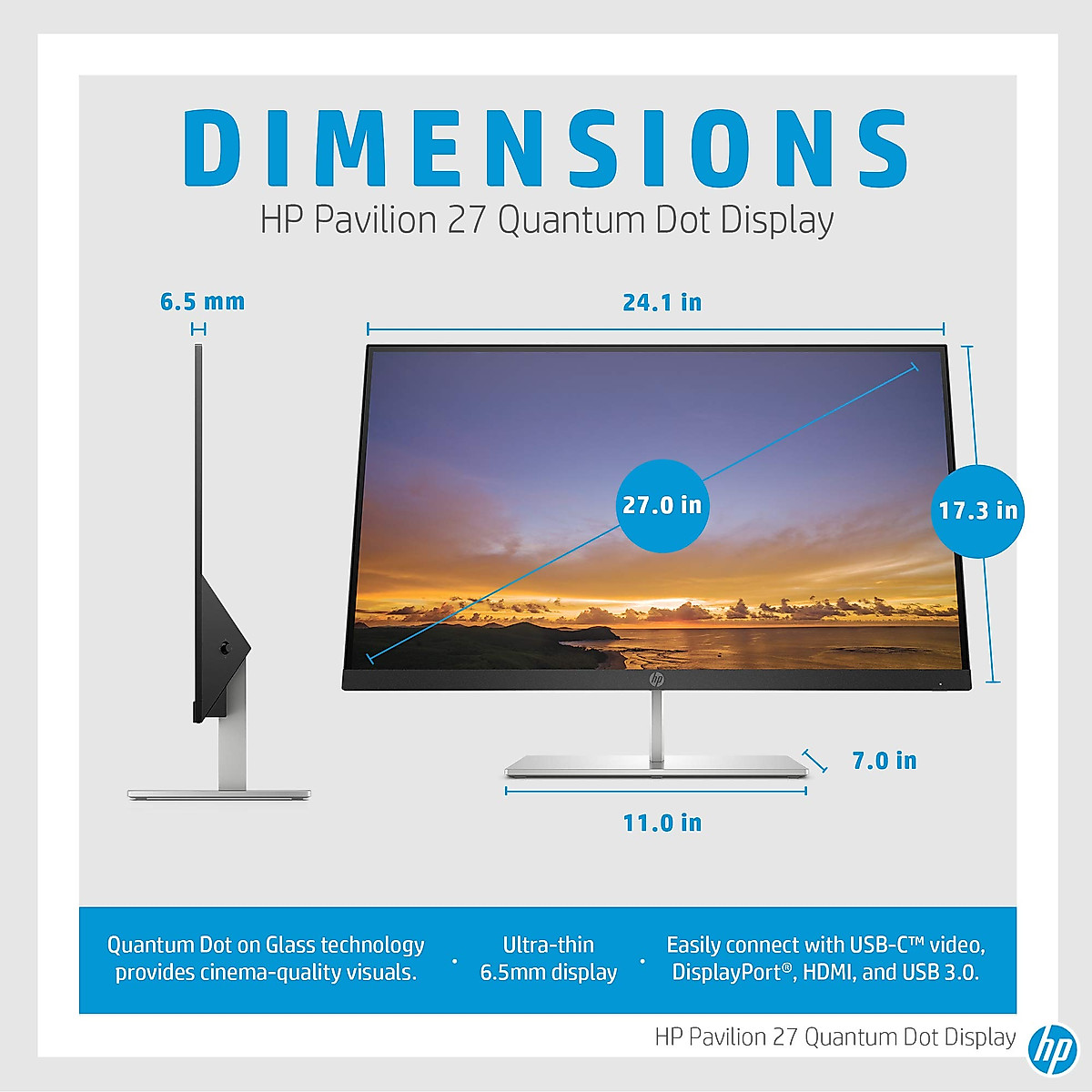 HP Pavilion 27 Quantum Dot Display, VESA Certified HDR, Quantum Dot Resolution, DCI-P3 Technology, Ultra-Thin Design (5DQ99AA)