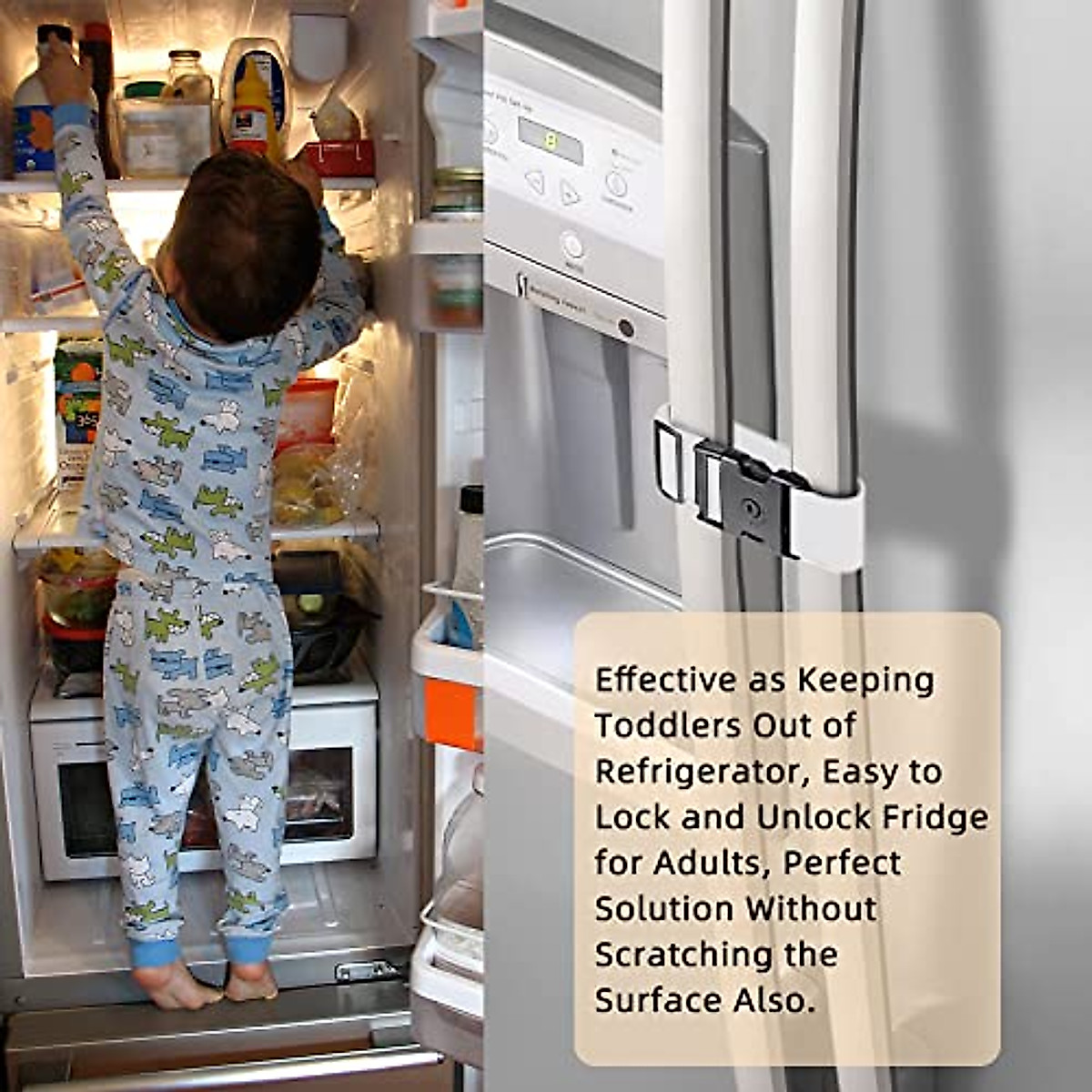 Fridge Refrigerator Cabinet Adult Child Proof Lock With Keys, [2 Packs] Fresheracc Adjustable French Door Guard Lock for Toddlers Children Kids Special Needs, No Drill No Screw No Adhesive (White)