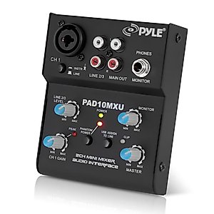 Pyle 2-Channel Audio Mixer - DJ Sound Controller Interface with USB Soundcard for PC Recording, XLR and 3.5mm Microphone Jack, 18V Power, RCA Input and Output for Professional and Beginners - PAD10MXU