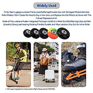 FSATNDE Luggage Suitcase Replacement Wheels Set of 4 PU Bearing Wheels-Install Width 0.8in/21mm with 3 Size Axles and Hacksaw for Trolley Bag Drawbar Box Smooth Rolling Repair(54mm x 18mm)