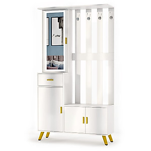 PAKASEPT Hall Tree with Bench and Shoe Storage, Farmhouse Entryway Bench with Coat Rack, Multi-Purpose Home Organizer, Sliding Barn Doors, Entryway Solution with Seating and Hooks