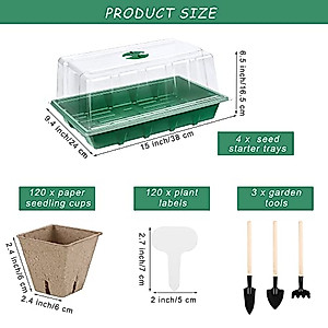 Hahood 4 Pack Seed Starter Tray Kit, 120 Square Seed Peat Pots for Seedlings with Plants Labels, Planting Tools, Plastic Growing Germination Trays with Lids for Indoor Outdoor Gardening, Green