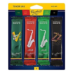 Vandoren SRMIXT3 Tenor Sax Jazz Reed Mix Card includes 1 each ZZ, V16, JAVA and JAVA Red Strength 3