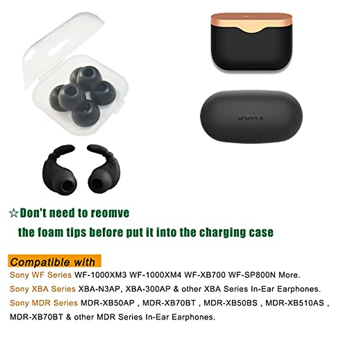 Luckvan Ear Tips for Sony WF-1000XM3/WF-1000XM4 Earhook Replacement Memory Foam Earbuds Tips for Sony WF-1000XM4 WF-XB700 WF-SP800N WF WI XBA Etc. Black 3 Pairs LMS