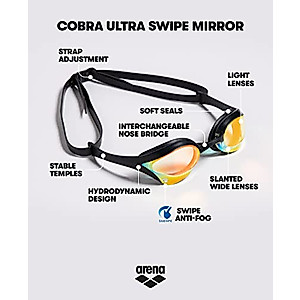 Arena Cobra Ultra Swipe Racing Swim Goggles for Men and Women, Mirror Lens, Anti-Fog, UV Protection, Yellow Copper/Black