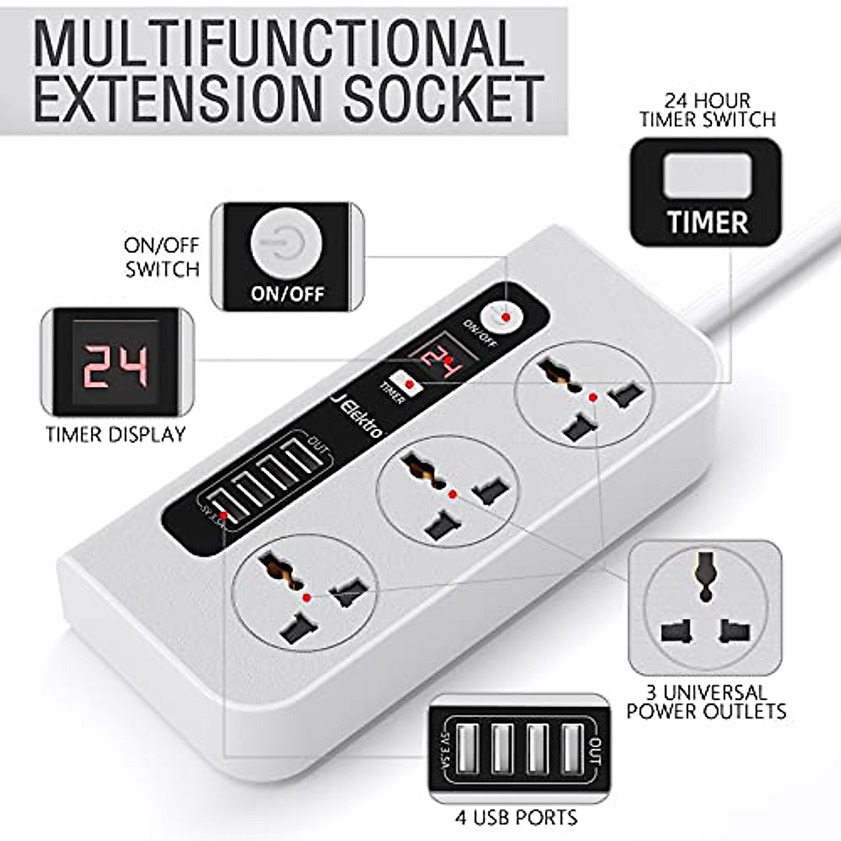 J Elektro Universal Power Strip with Surge Protector, 4 USB Charging Ports and 3 Universal Outlets Extension Cord with 24 Hour Timer, 1.4M/4.6FT Extension Lead with Timer Socket for Home Office