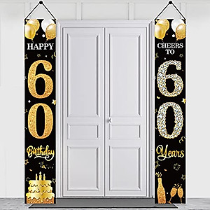 60th Birthday Door Banner Decorations for Men Women, Black Gold Happy 60 Birthday Cheers to 60th Year Porch Sign Party Supplies, Sixty Birthday Banner Decor for Outdoor Indoor