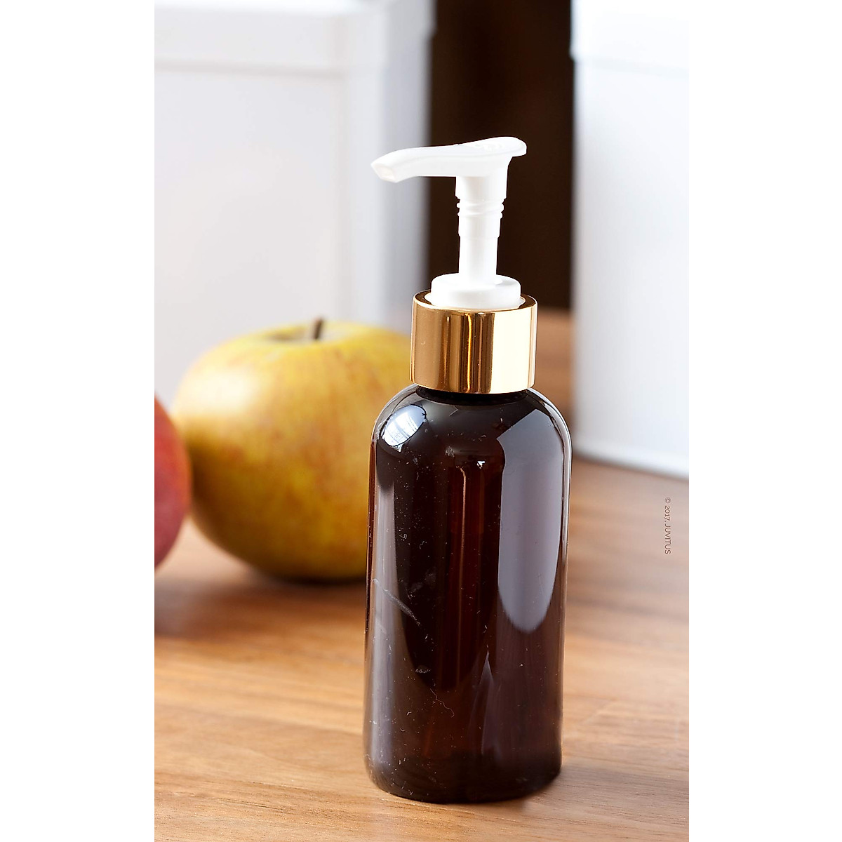 (12 Pack) 4 oz Amber Boston Round PET Plastic Bottles with Gold Lotion Pump