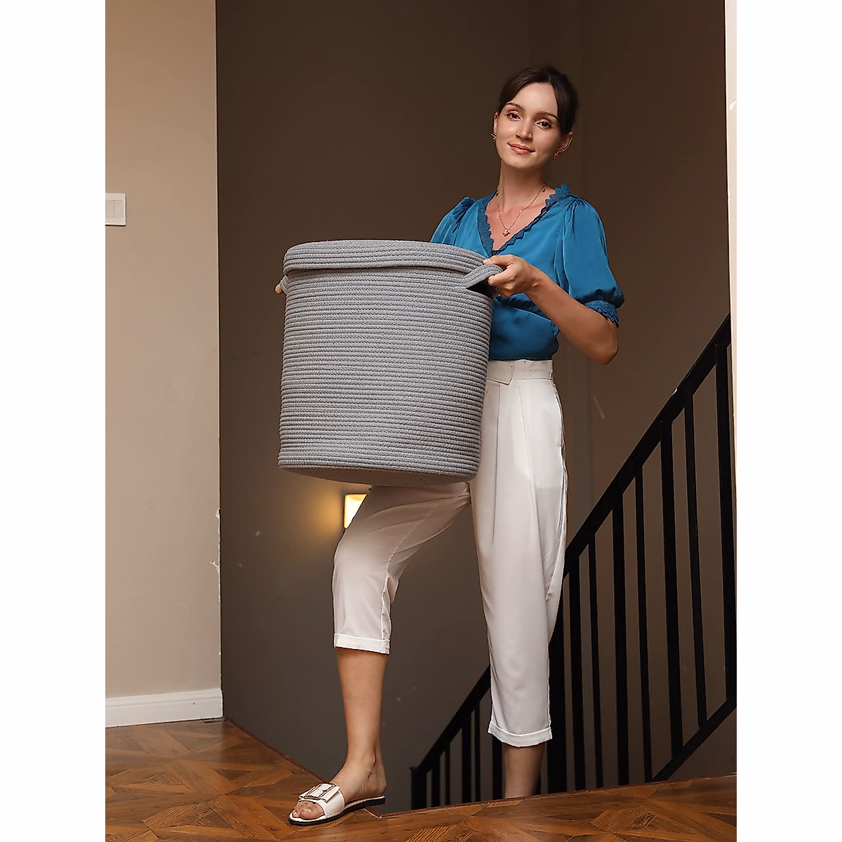 16" x 16" x 18" Extra Large Storage Basket with Lid, Cotton Rope Storage Baskets, Laundry Hamper, Cloth Bin, for Clothes Towels Blankets Pillows Storage in Living Room, Large Basket Grey with Cover