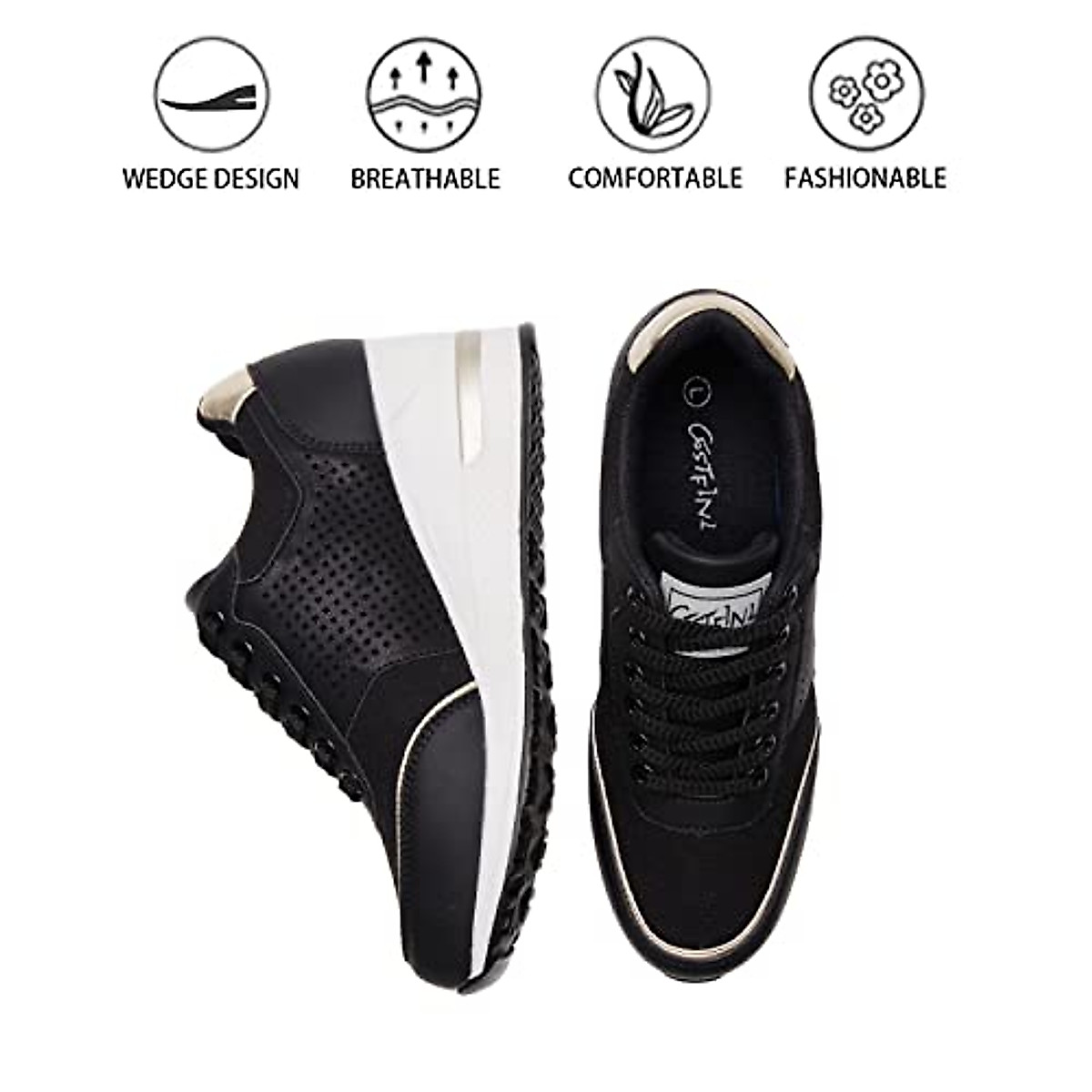 Cestfini Black High Heel Wedge Sneakers for Women Dressy Fashion Platform Sneakers Hidden Wedge Sneakers Tennis Shoes