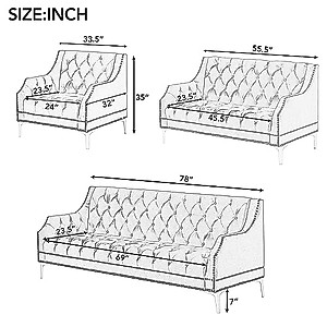 Merax, Blue 33.5" Modern Sofa Frosted Velvet Soft Upholstered Couch Loveseat with Metal Legs,Button Tufted Back for Living Room