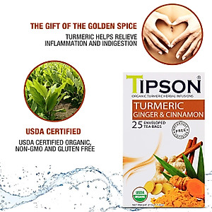 Tipson Organic Turmeric Herbal Infusions - Turmeric Ginger and Cinnamon - Caffeine Free, Non GMO, Gluten Free - 25 Premium Tea Bags (Pack of 1)
