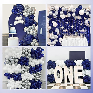 Blue and Silver Balloon Garland Arch Kit, Blue and White Balloons with confetti balloons for Graduation Baby Shower Prom Wedding Birthday Party Decorations