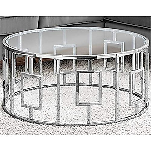 Pemberly Row Glam Contemporary 36" Round Modern Glass Top Accent Coffee Table in Chrome