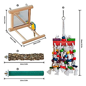 VECELA Parrot Toys, Bird Parrot Toys Set - Parrot Chewing Toys Knots Blocks, Parrot Mirror, Bird Perches - Bird Cage Toys for Budgies, Parakeets, Cockatiels, Conures, Lovebirds, Small or Medium Birds