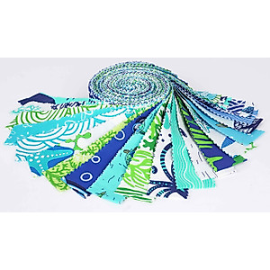 Soimoi 40Pcs Ocean Print Precut Fabrics Strips Roll Up 1.5x42 inches Cotton Jelly Rolls for Quilting - Medium Blue