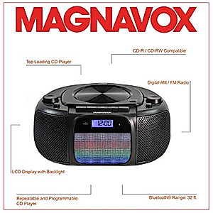 Magnavox MD6972 Portable Top Loading CD Boombox with Digital AM/FM Stereo Radio, Color Changing Lights, and Bluetooth Wireless Technology | CD-R/CD-RW Compatible | LCD Display |