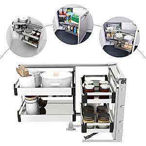 LOYALHEARTDY Blind Corner Cabinet Pull Out, 15in Open Stainless Steel Blind Corner Cabinet Organizer with 2 Tiers 4 Baskets Blind Corner Soft Close Swing Tray for Right Handed Open Cabinet