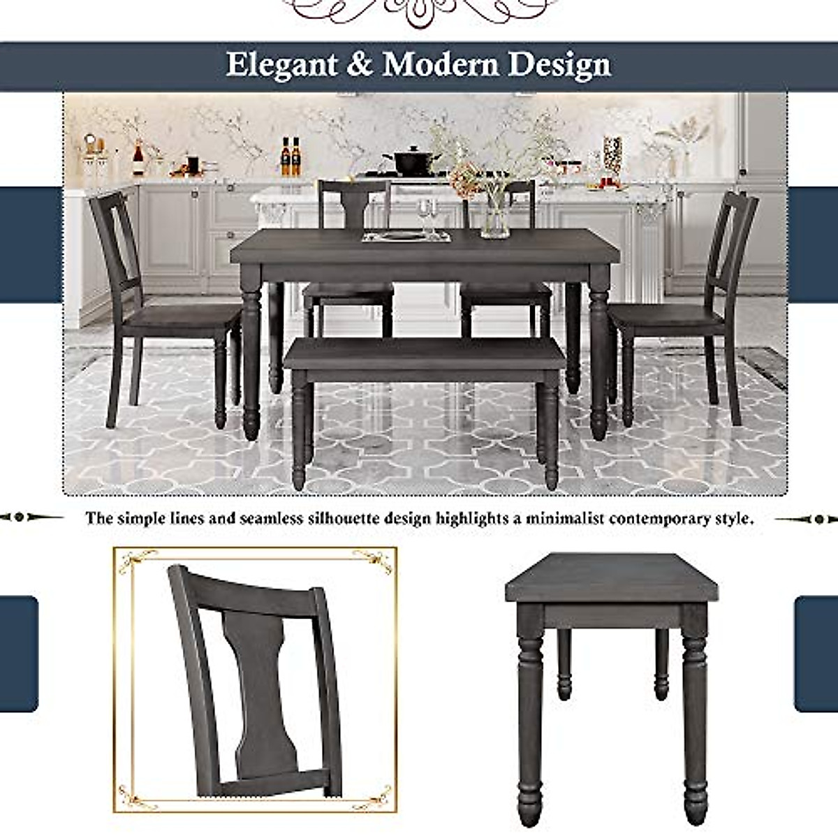 SweetFm Table & Chair Wooden Rectangular Dining Table, Farmhouse Rustic 6-Piece Kitchen Set with 4 Upholstered Chairs and 1 Bench,Gray, 60in, Grey