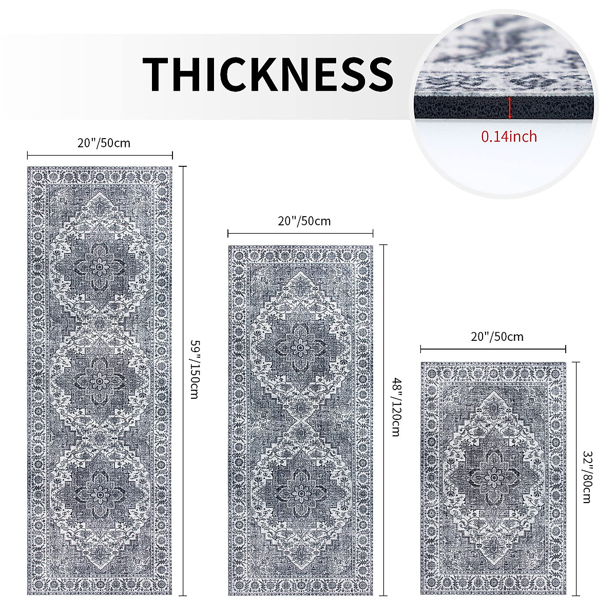 WOBUBU Kitchen Rugs Sets of 3 Washable Kitchen Mats for Floor 3 Piece Kitchen Rug Set Non Slip Kitchen Runner Carpets for Laundry Room Entryway Grey