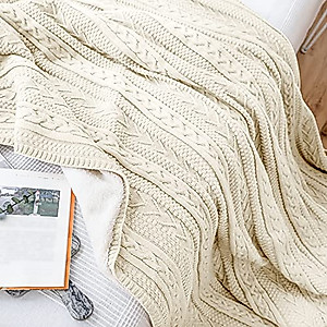 Beige Knit Sherpa Blanket Cotton Throw Blanket with Sherpa Lining Double Sided Reversible Winter Blanket Super Soft, Warm, Elegant, Plush, Cozy for Couch, Sofa, Bed Home Decor 50 x 63 inch