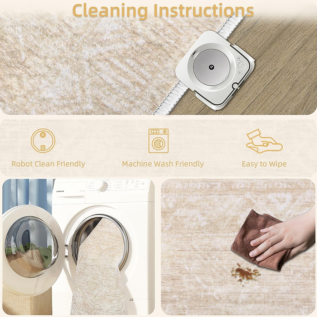 Aoyaomi Moroccan Area Rug 2x3 - Washable Distressed Entryway Rug Non-Slip Small Rug, Soft Low-Pile Geometric Farmhouse Indoor Door Mat Floor Carpet for Entrance Bedroom Kitchen Bathroom (2 x 3, Beige)