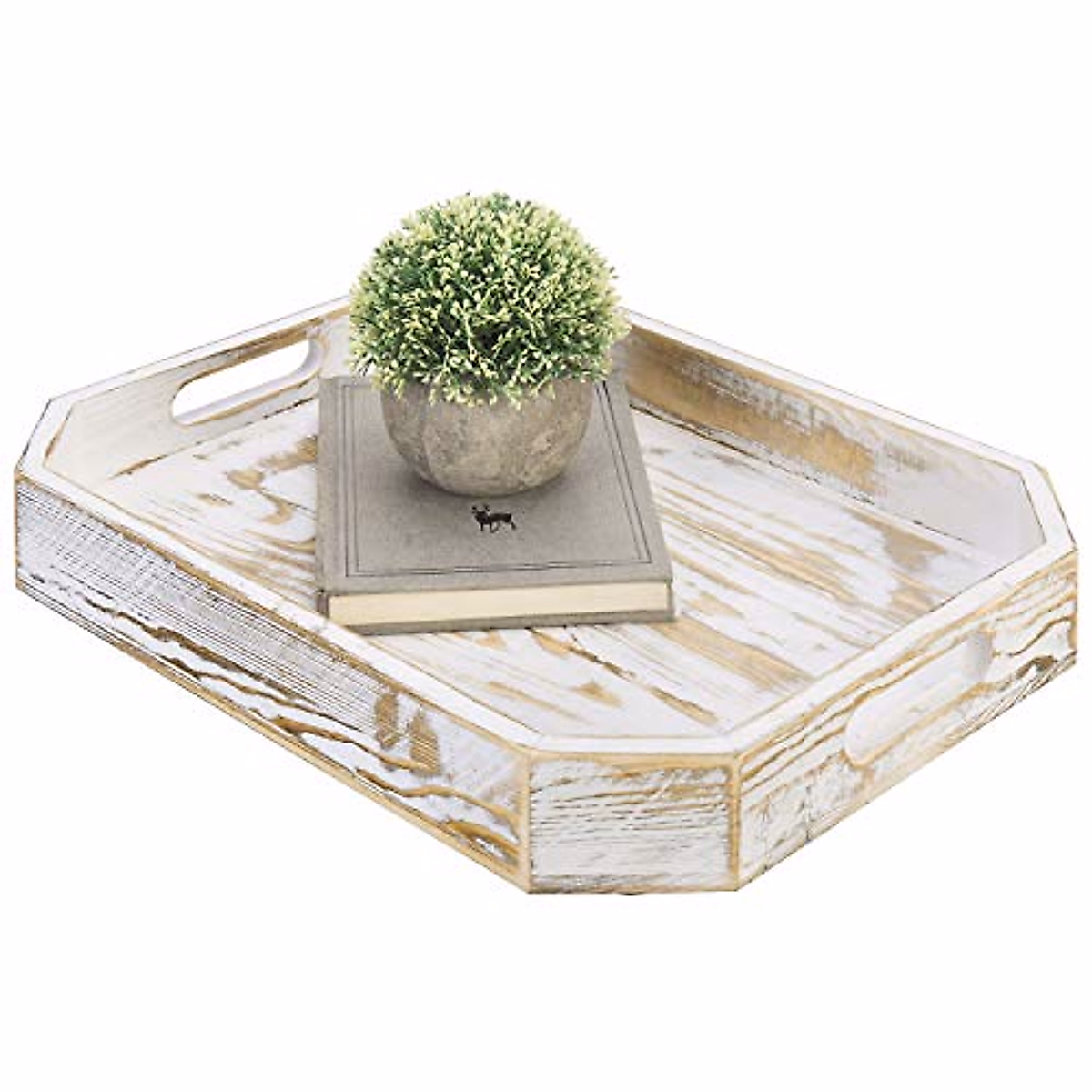 MyGift Shabby White Washed Solid Wood Large Serving Breakfast Tray with Cut-out Handles and Angled Edges, Decorative Ottoman Coffee Table Server Tray Platter, 16 x 12 inch