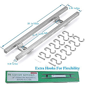 18 Inch Magnetic Knife Holder for Wall Mount-Magnetic Knife Strips with 12 Hook-304 Stainless Steel Wall Magnetic Knife Bar Rack-Knife Block-Knife Rack-Utensil Hanger-Kitchen Utensil Holder