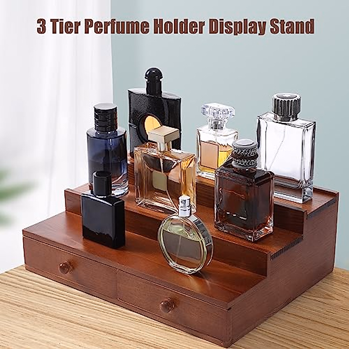 Boulphia Cologne Organizer for Men, Wooden Perfume Organizer for Dresser, Perfume Holder Cologne Stand with 3 Tier Display Shelf, Drawer and Hidden Compartment for Storing Perfumes and Accessories