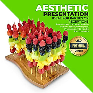 Skewer Holder – Chic Food Display Stands for Party – Ash Wood Pick Board for Parties, Events, BBQs - Food Skewers Board with 2 Ash Bowls and 100pcs Skewers – 11.4 x 7.5 x 0.8-inch
