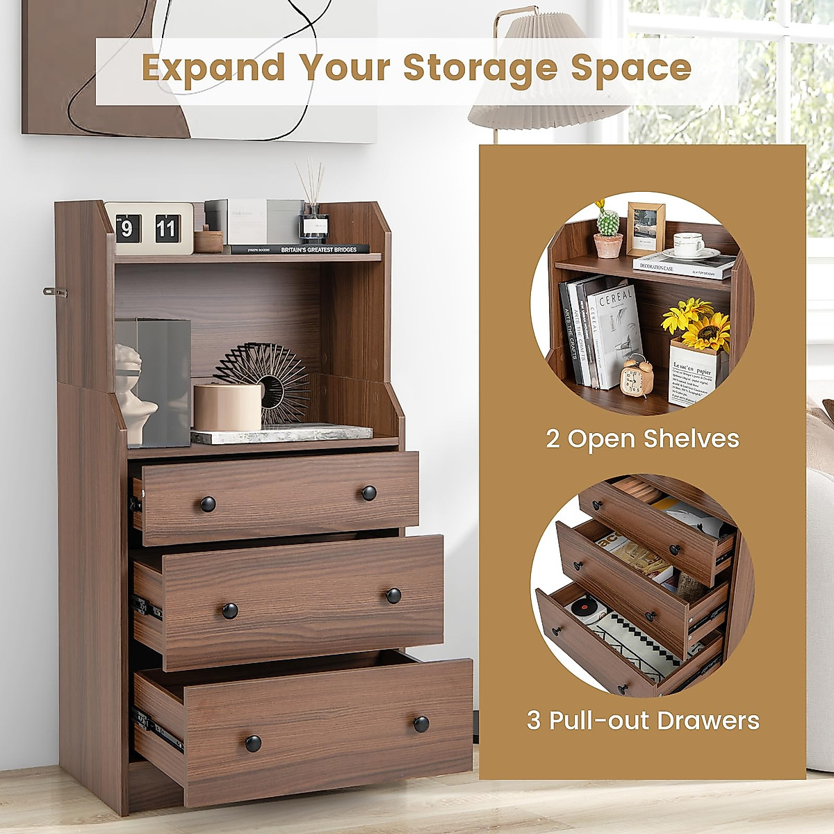 Giantex 3 Drawers Dresser for Bedroom - Modern Storage Dresser Chest of Drawers with 2 Shelves, 3 Pull-Out Drawers, Tall Nightstand with Anti-toppling Device for Bedroom Living Room Entryway (Walnut)