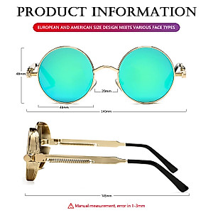 AIEYEZO Round Steampunk Sunglasses for Men Women Gothic Glasses Vintage Circle Metal Frame 100% UV Blocking Lens (Gold/Green Mirrored)