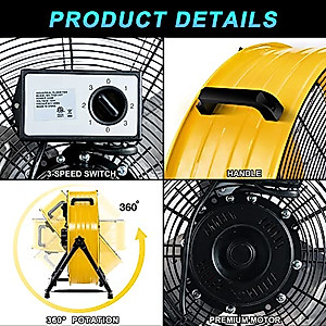 WARMLREC Industrial Fan 24 Inch Heavy Duty Drum 3 Speed 8800 CFM Air Circulation High Velocity Fan For Warehouse, Workshop, Factory, Commercial, Residential and Greenhouse Yellow